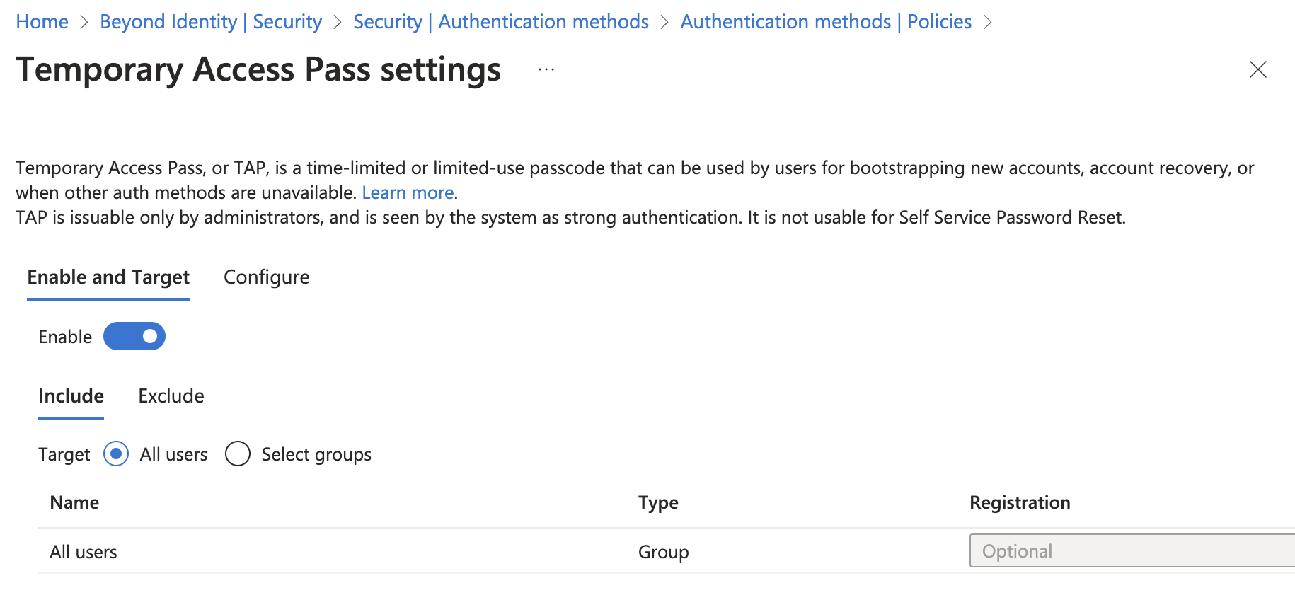 How to enable TAP for your Microsoft Azure (Entra) – Beyond Identity